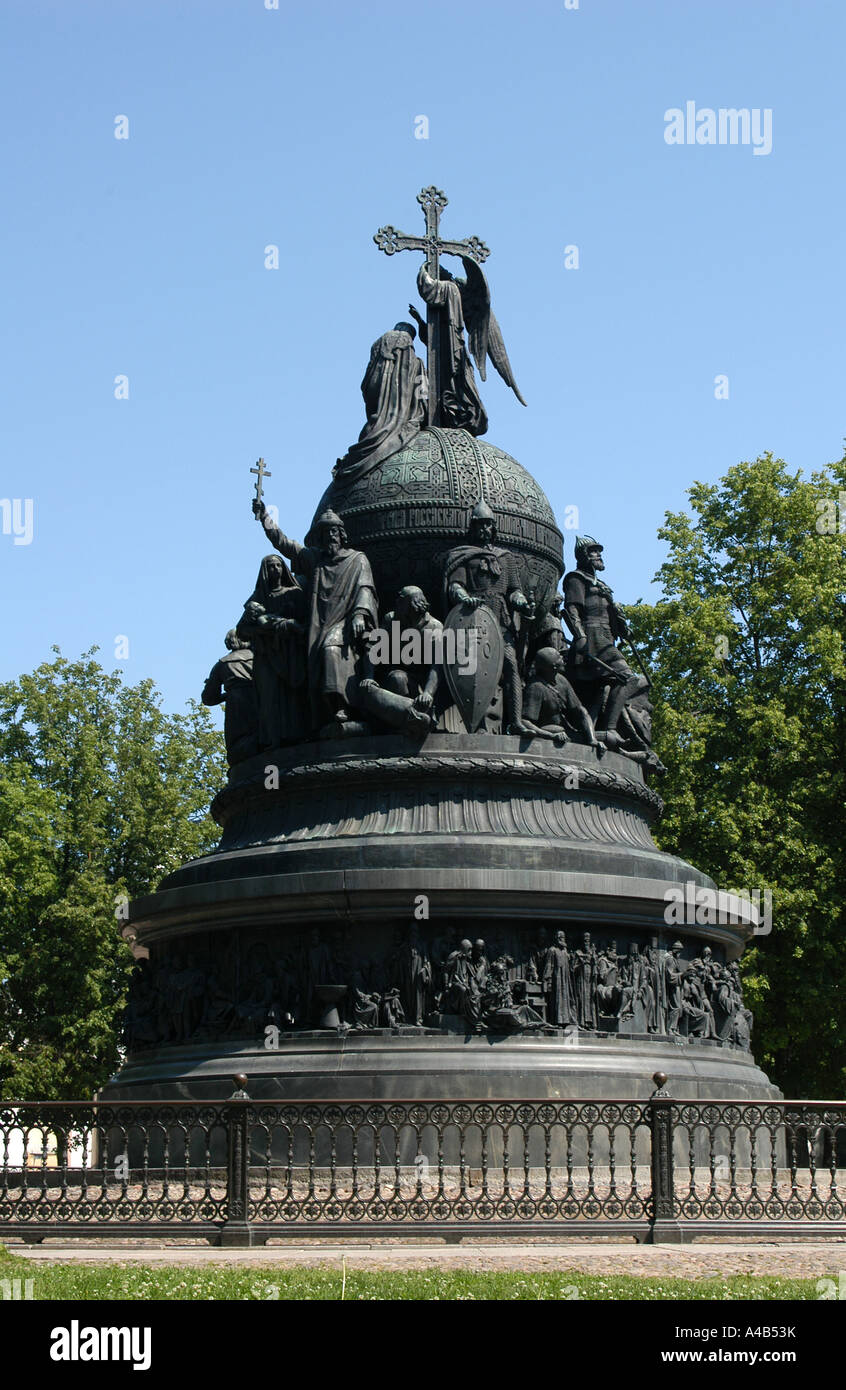 Monument to the Millennium of Russia from 1864 by sculptor Mikhail Mikeshin in Veliky Novgorod ...