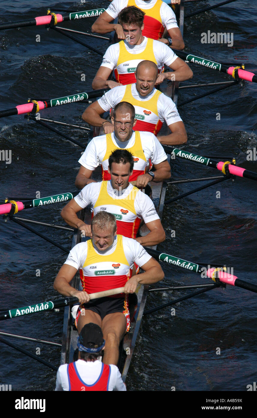 Rowing team rowing ahead ahead during a boat race on the River Vltava ...