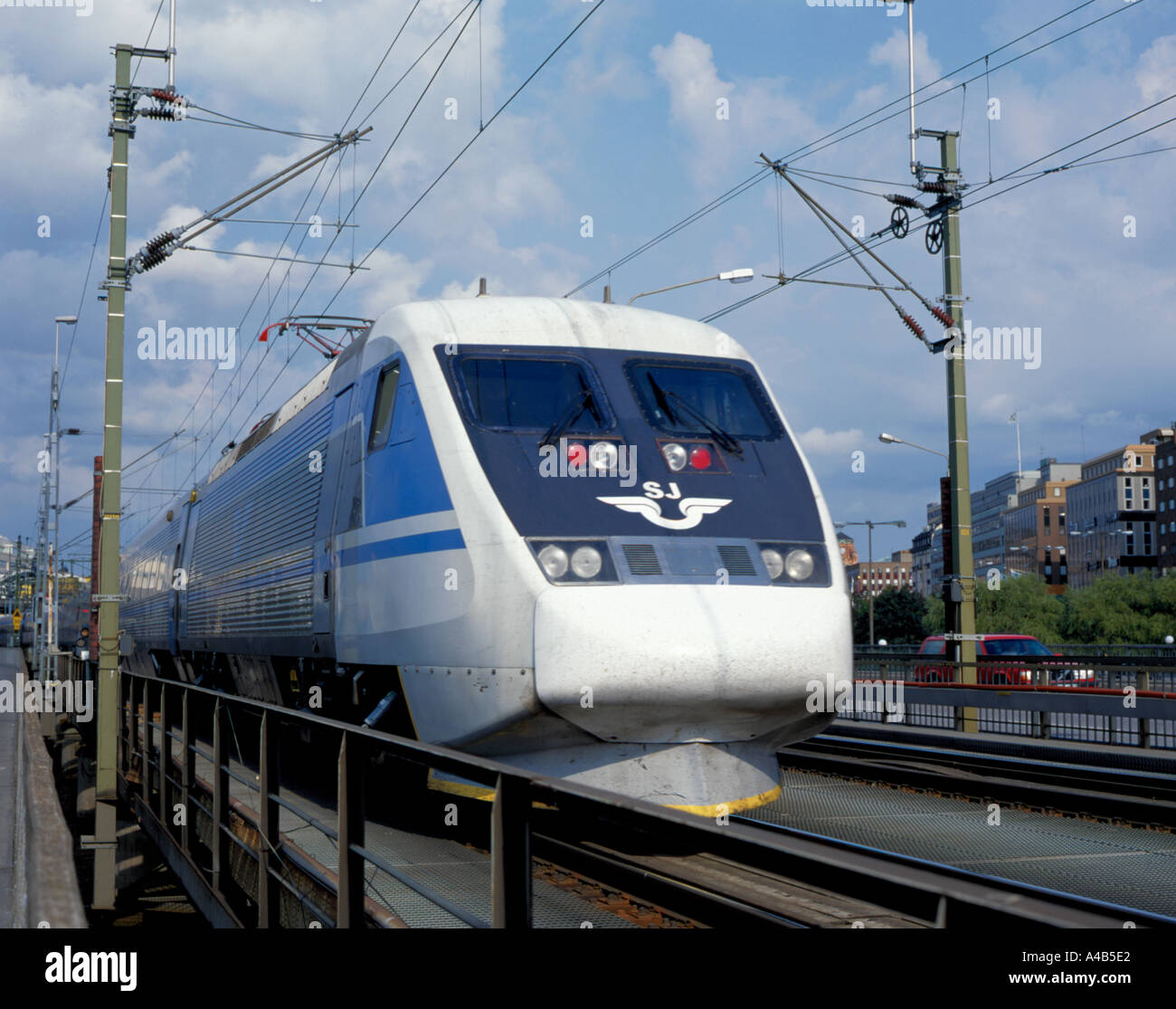 High Speed Swedish train on Sodra Jarnvagsbron, central Stockholm ...