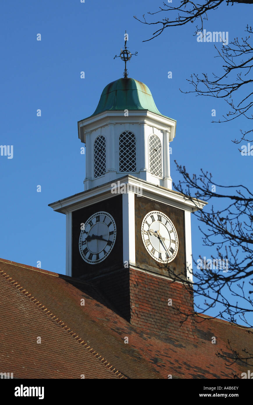 A clock tower on the town hall roof at Letchworth in Herfordshire UK ...
