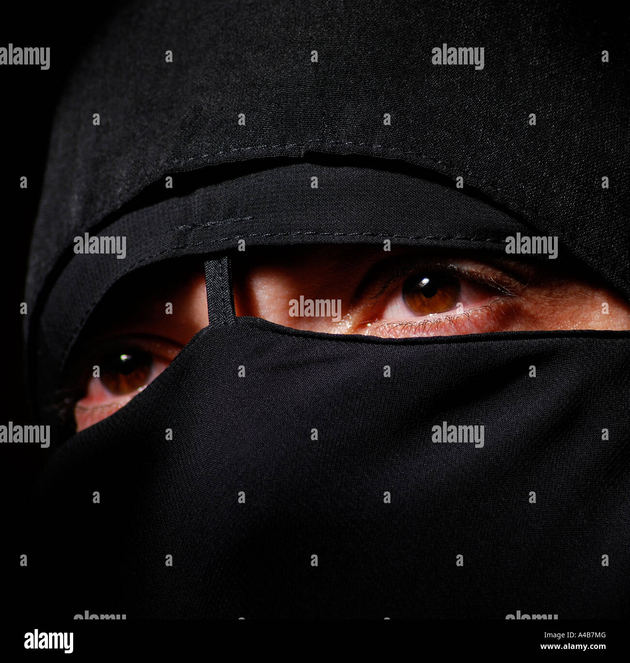 Close up image of a Muslim Woman's eyes wearing a black hijab burka ...