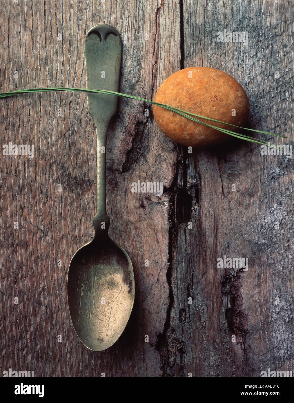 still life with spoon rock and pine needle Stock Photo - Alamy