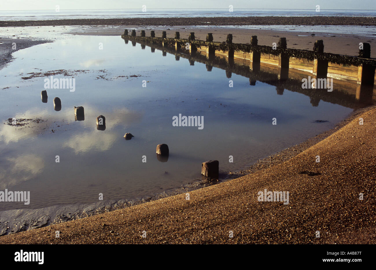 Shingle beach with new and old groynes and pools reflecting clouds with ...