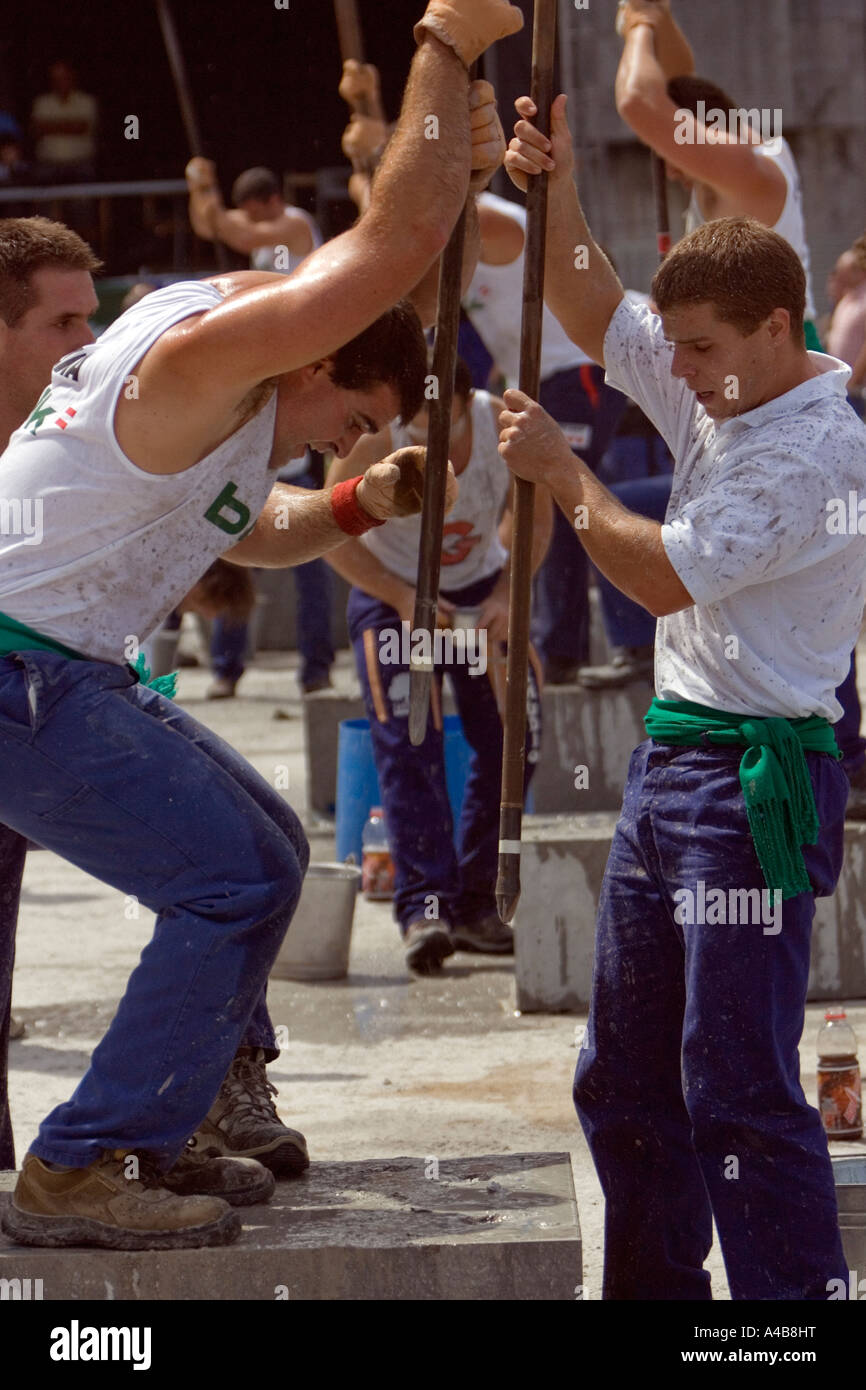 Barrenador (stone drilling) competitors, Basque Strongman Games, Aste ...