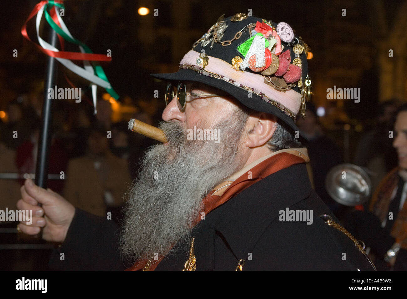 Band leader in costume with long beard during the Tinkers Parade La ...