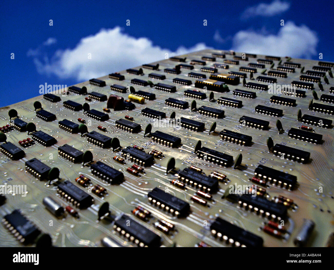 Microprocessor chips on computer circuit board on angle aimed at sky ...