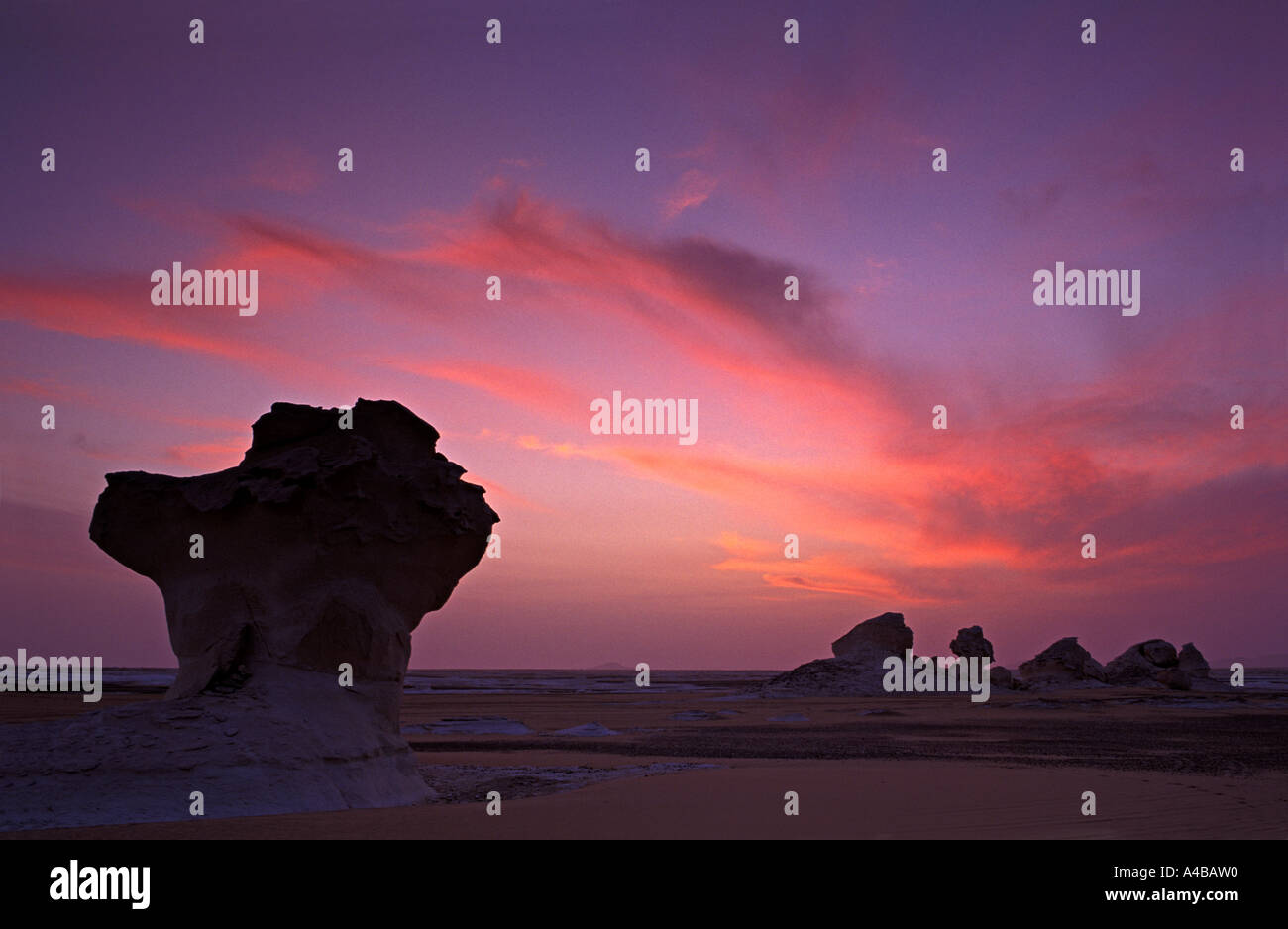 Wind sculpted rock formations in the landscape of White Desert after ...