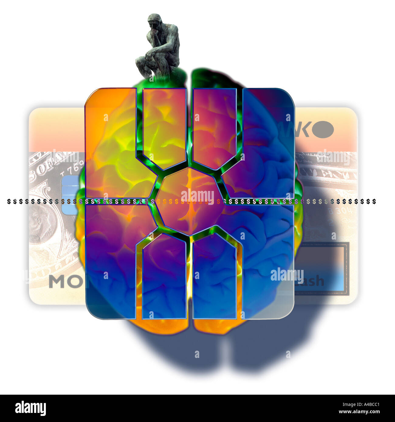The Thinker sits atop smart card chip with brain and card Stock Photo ...