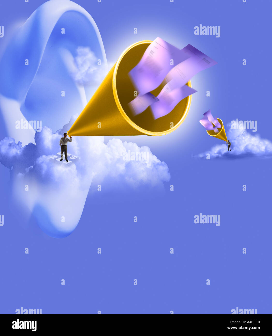 Voice recognition collage with ear and bullhorn Stock Photo - Alamy