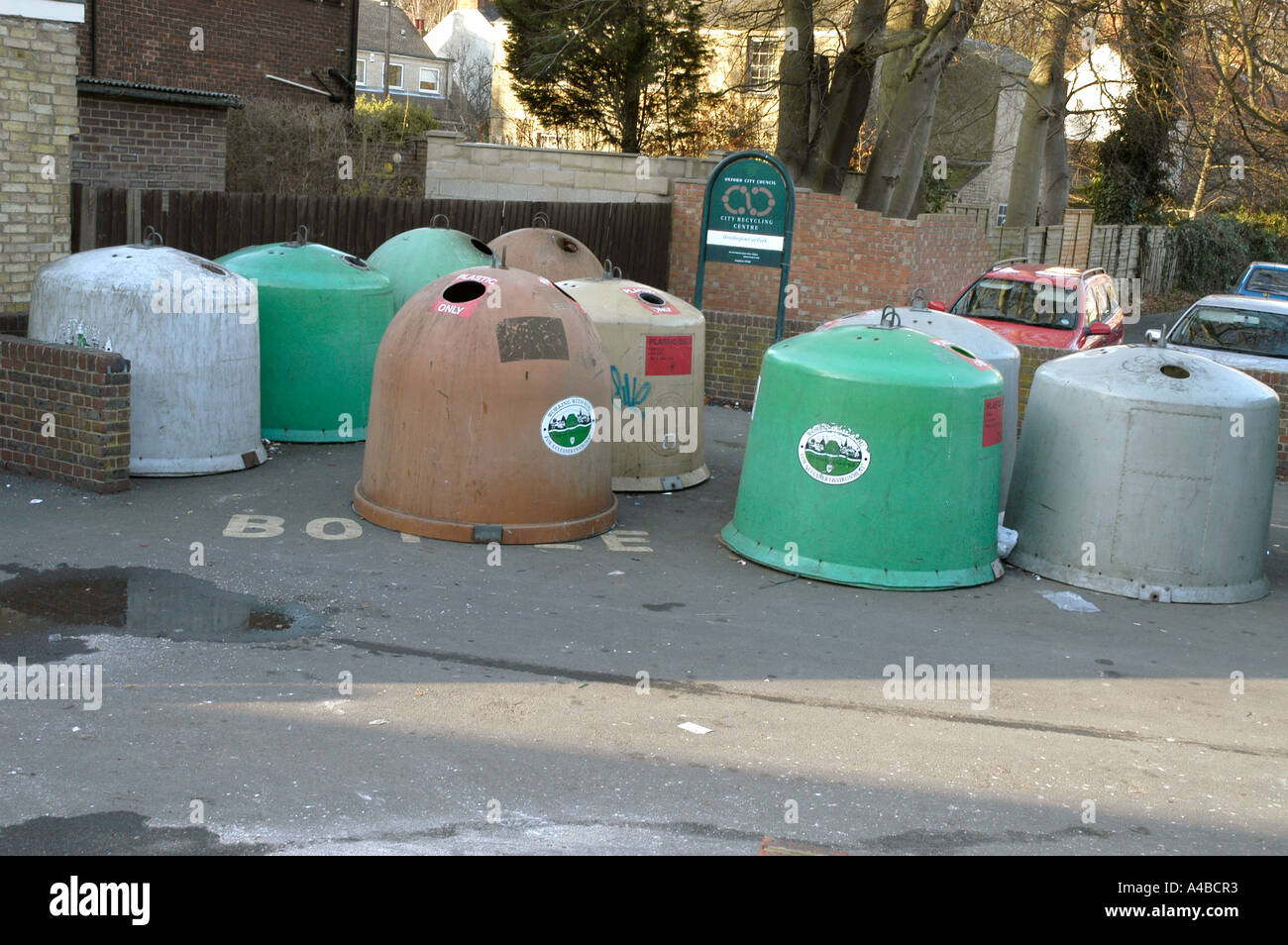 Oxford City Council recycle bins and skips in Headington Stock Photo ...