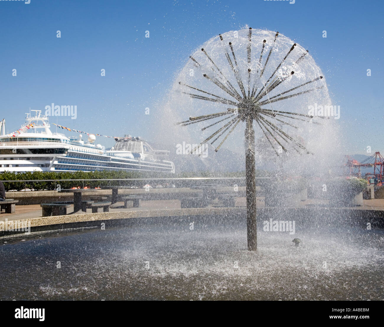 Fountain on waterfront with cruise ship in distance Vancouver Canada ...