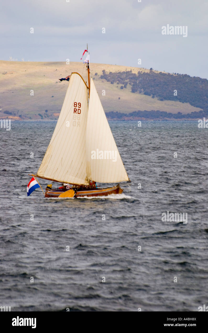 A traditional Dutch gaff rigged sail boat sailing on the Derwent River ...