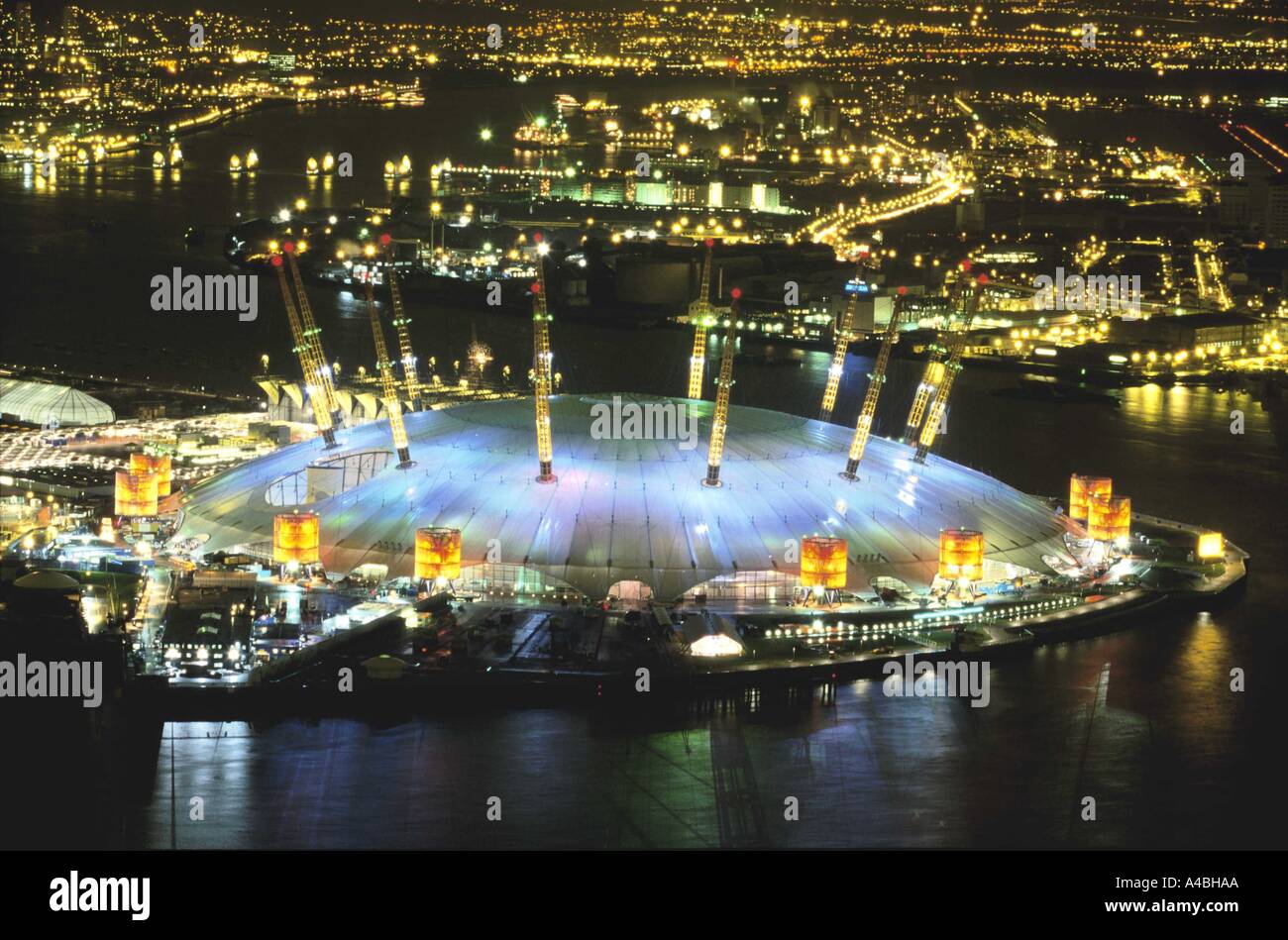 Aerial view of the the Millennium dome at night, illuminated from ...