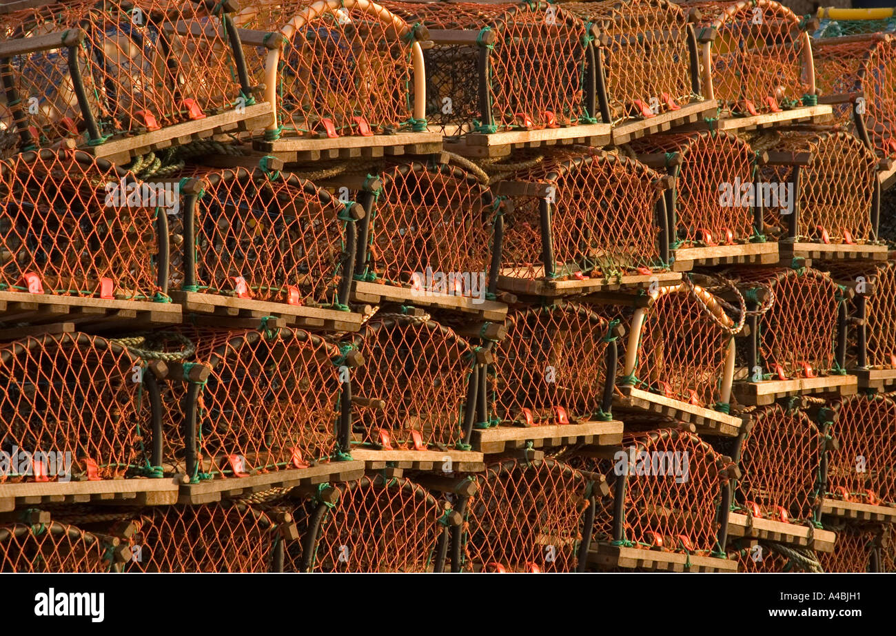 Stack of lobster crab pots on the quayside Whitby North Yorkshire ...