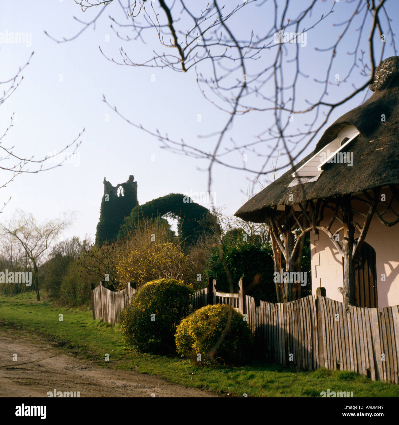 Roudham church ruins and thatched cottage Norfolk UK Stock Photo - Alamy
