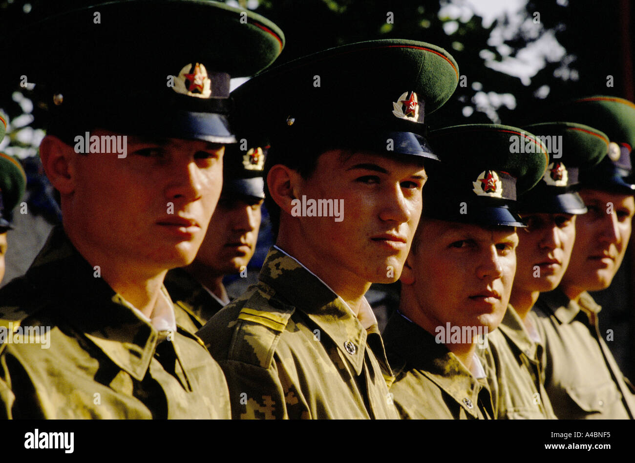 1990 KGB border guards on parade in Gursfuv, the Crimea, USSR, August ...