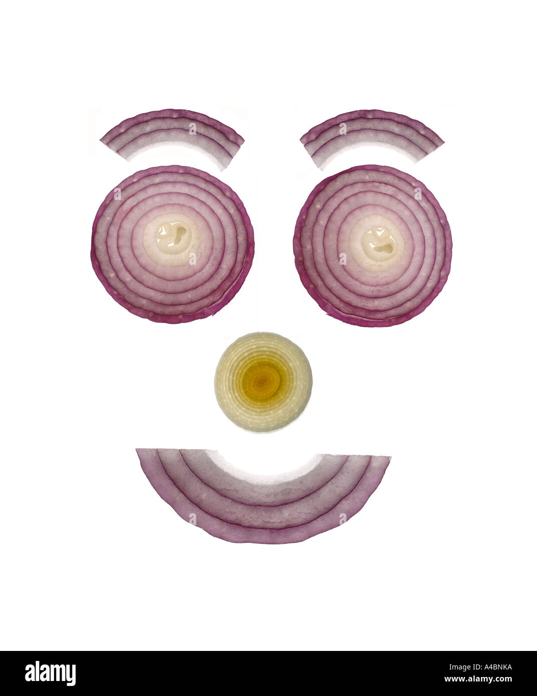 Red onions and leek slice in the form of a face on a white background ...