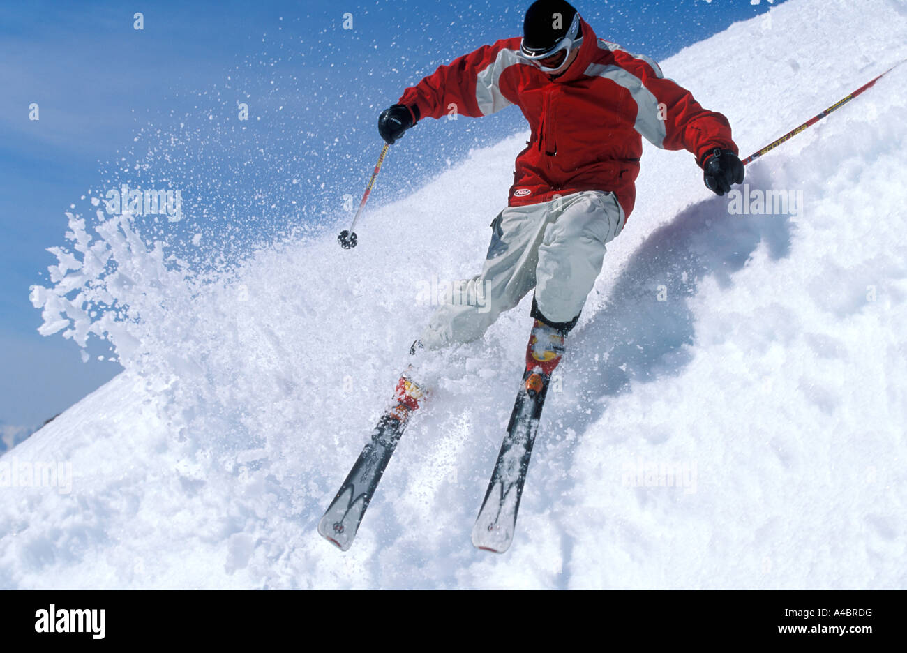 Male skier off piste turning in powder snow at speed Stock Photo - Alamy