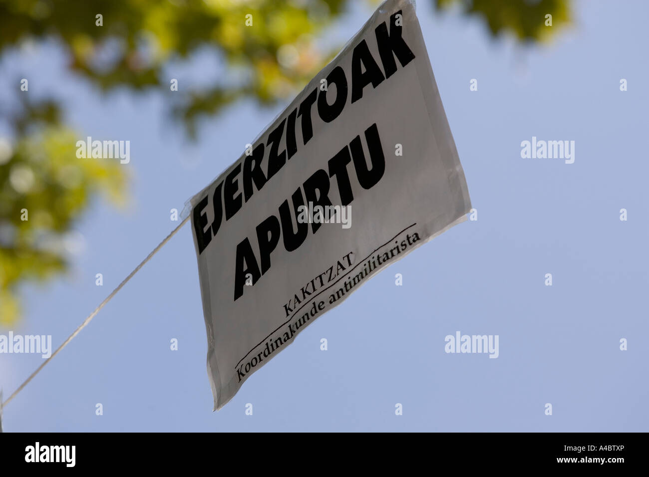 Banner in Basque language Euskara hanging in air during fiesta, Bilbao ...