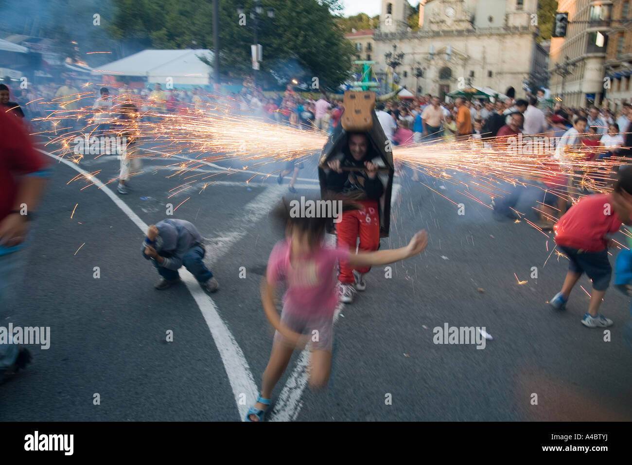 Children flee from the Toro de Fuego (Bull of Fire), Aste Nagusia ...