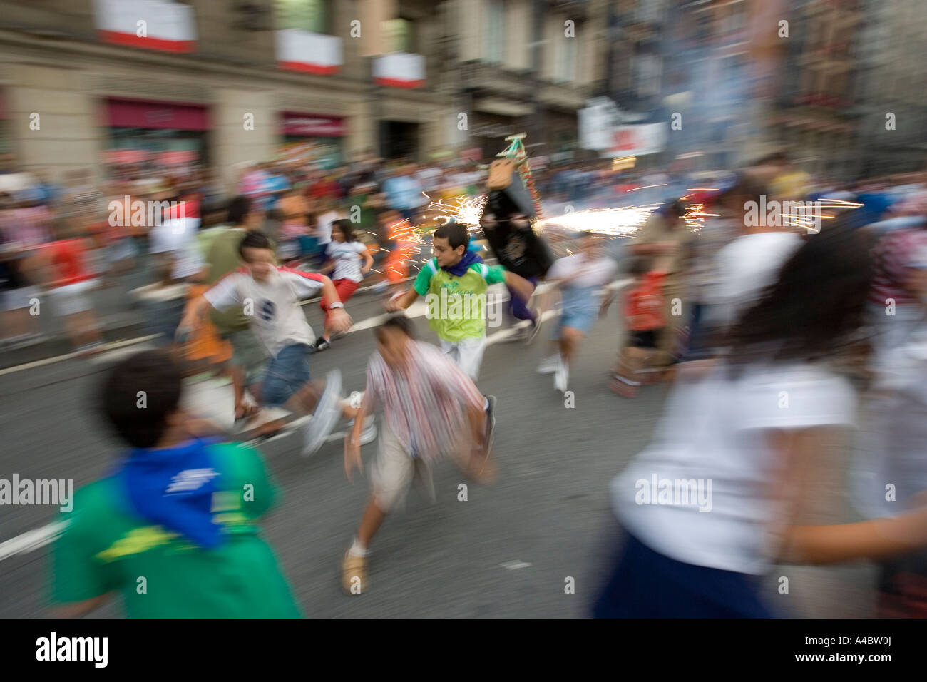 Children flee from the Toro de Fuego (Bull of Fire), Aste Nagusia ...