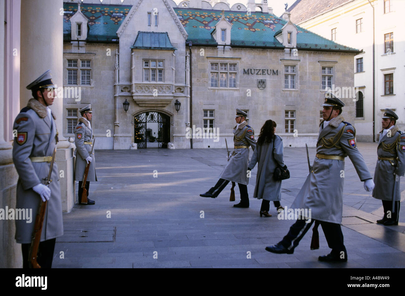 Bratislava, Slovakia; Slovak parliament buildings with guards and ...