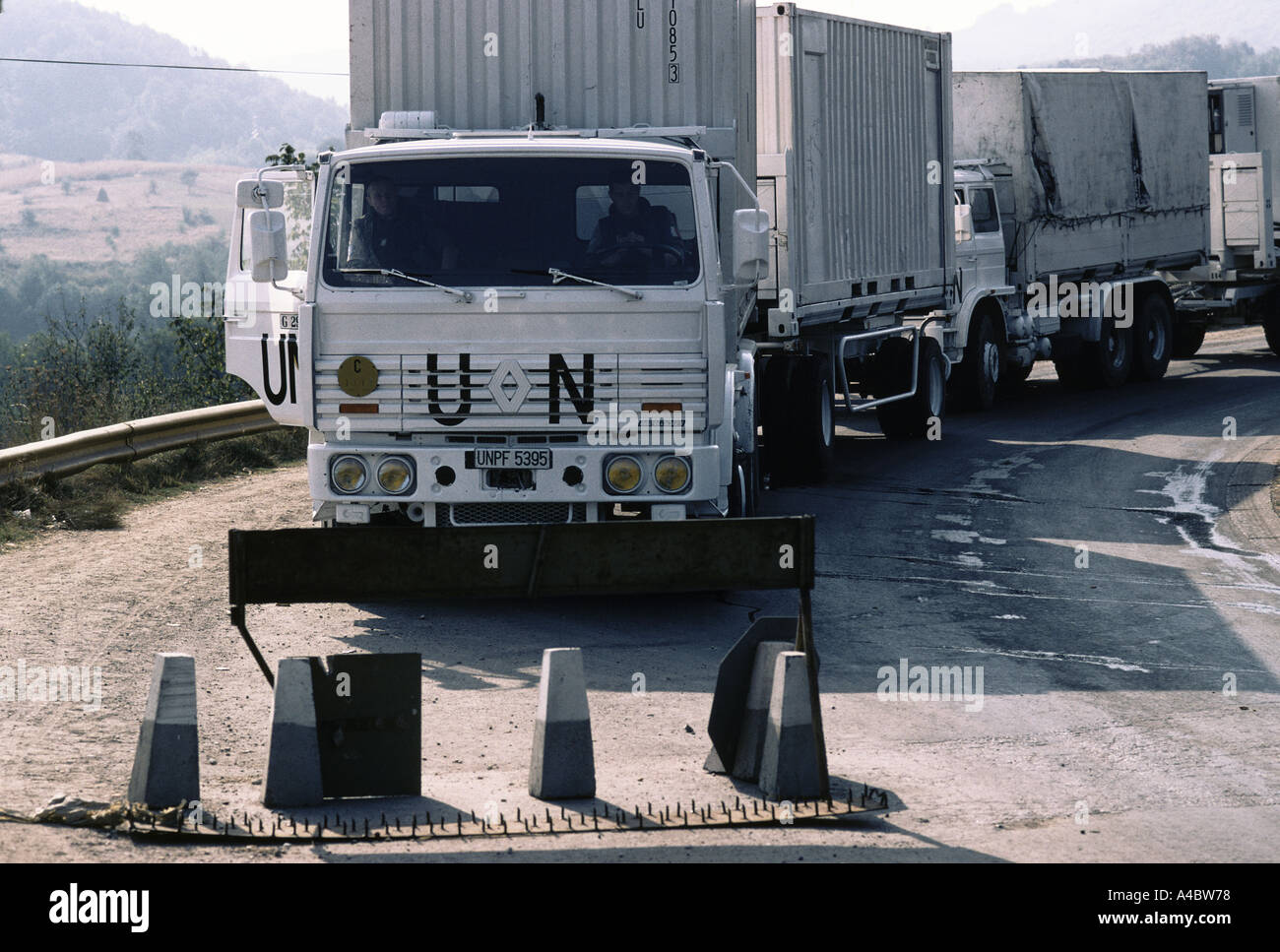 A UN convoy of lorries being checked at the Berb Bosnia border at ...