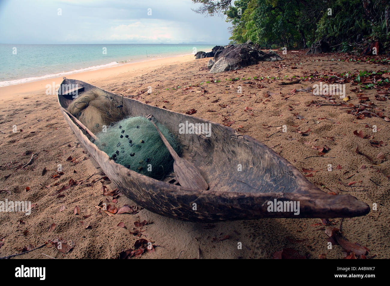 Wet season - fishing nets in dugout canoe Stock Photo - Alamy