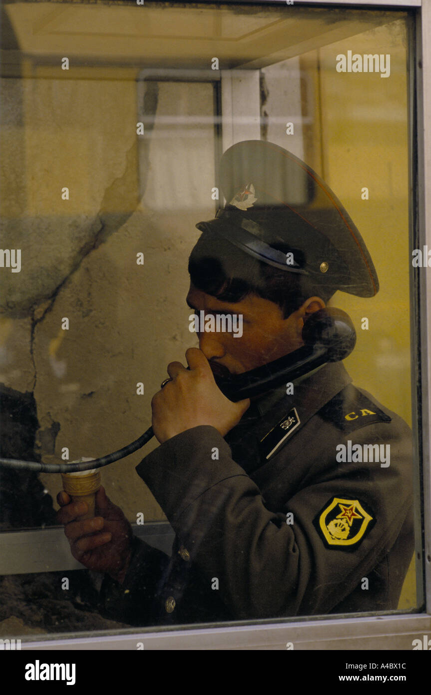 A Russian soldier using a public telephone, Moscow, May 1990 Stock ...