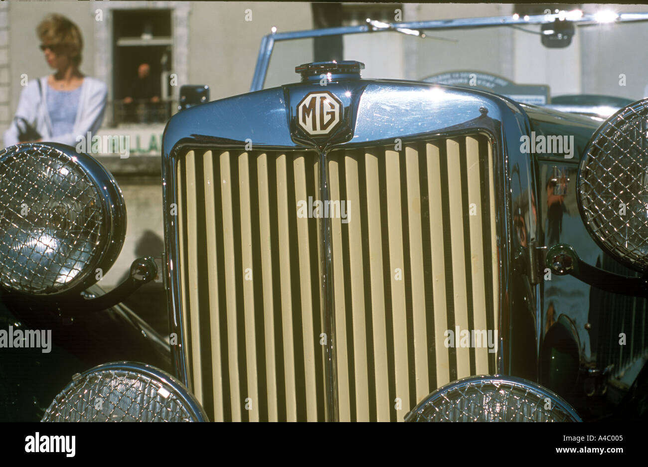 MG octagonal logo on classic car radiator with 4 lamps grille etc Stock ...