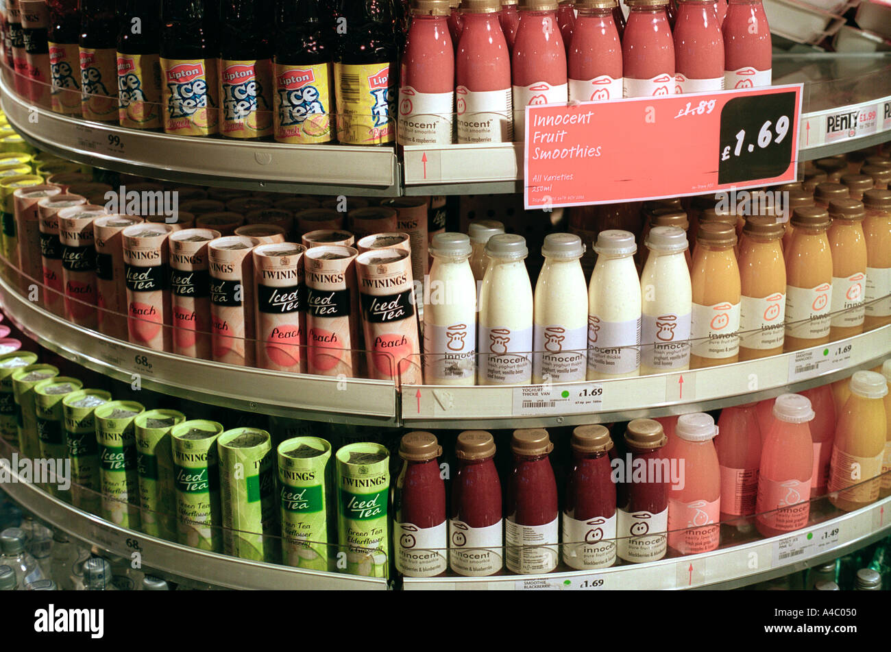 Fruit smoothies and iced tea drinks for sale in supermarket retail ...
