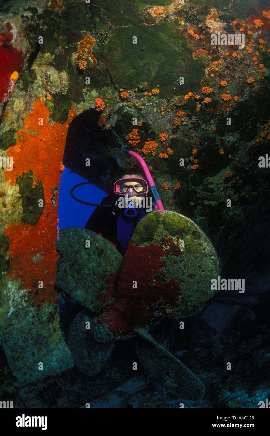 A FEMALE SCUBA DIVER BEHIND THE PROPELLER OF AN UNDERWATER SHIPWRECK ...