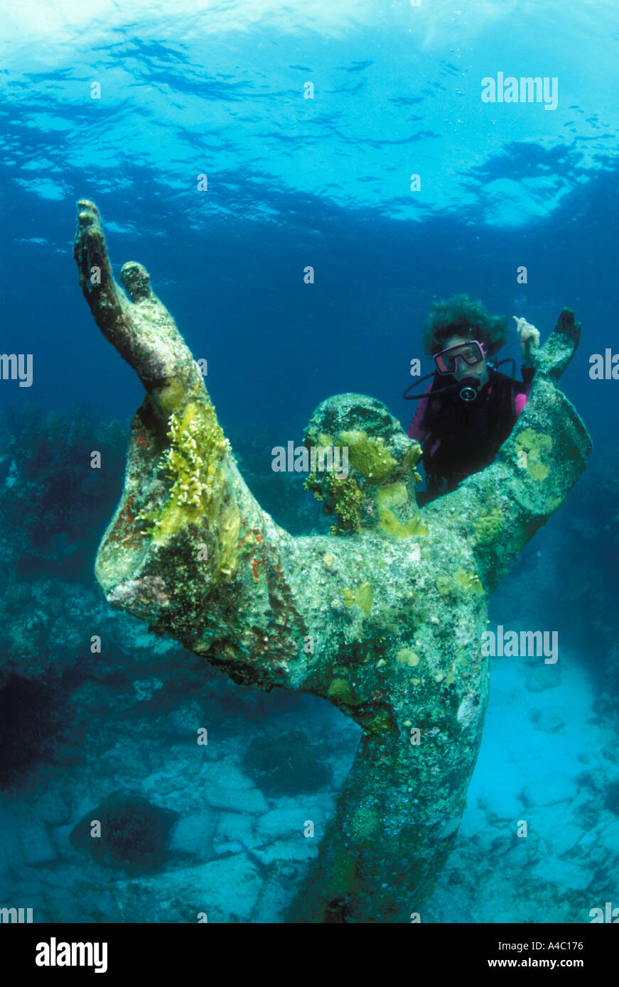 DIVER AND STATUE OF CHRIST OF THE ABYSS KEY LARGO FLORIDA Stock Photo ...