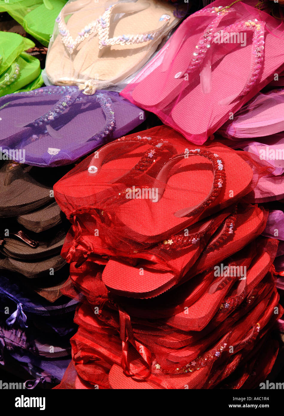 Brightly coloured sandals for sale, Ubud Street market Bali Indonesia ...