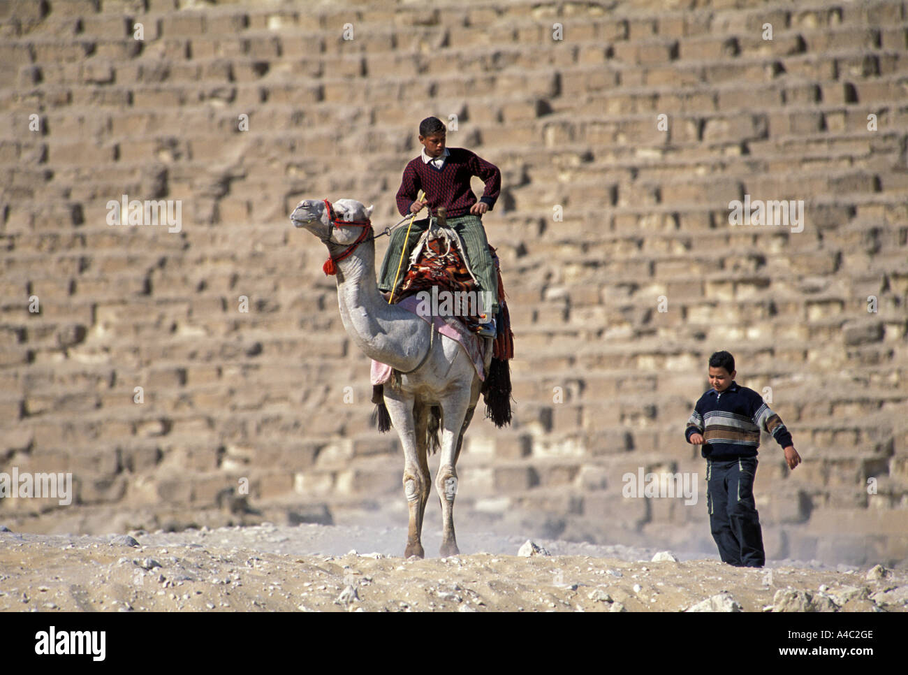 Camel riders with the pyramid of Khufu behind Giza Egypt Stock Photo ...