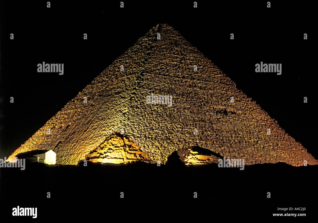 The impressive pyramid of Khufu illuminated at night Giza Egypt Stock ...