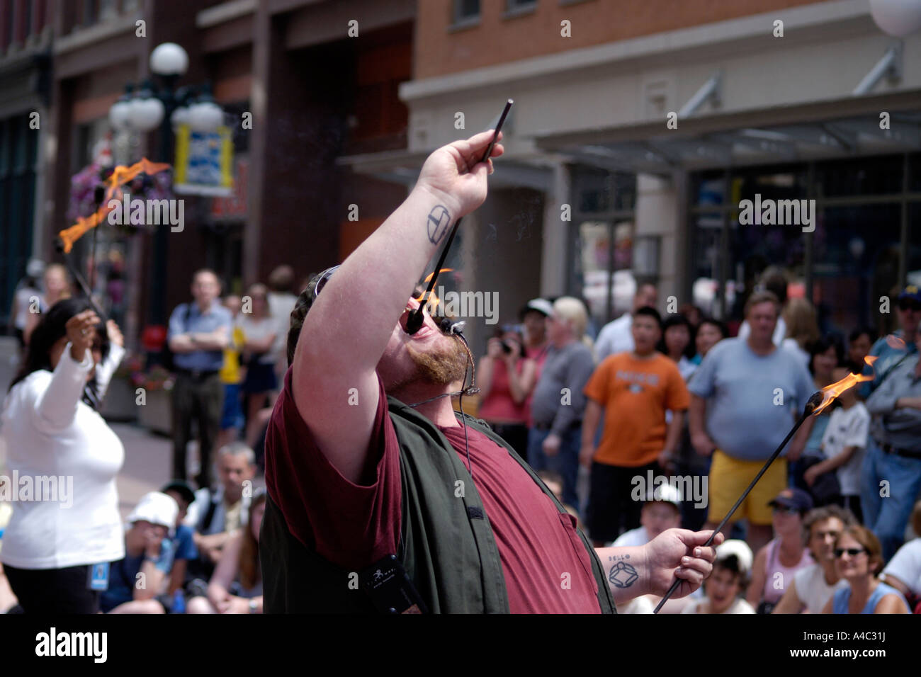 Fire breather performing during the International Busker Festival Stock ...
