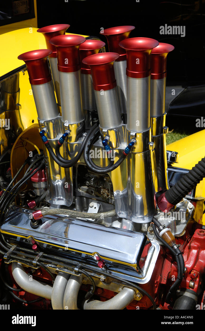 Engine intake carburater manifolds on hot rod Stock Photo - Alamy