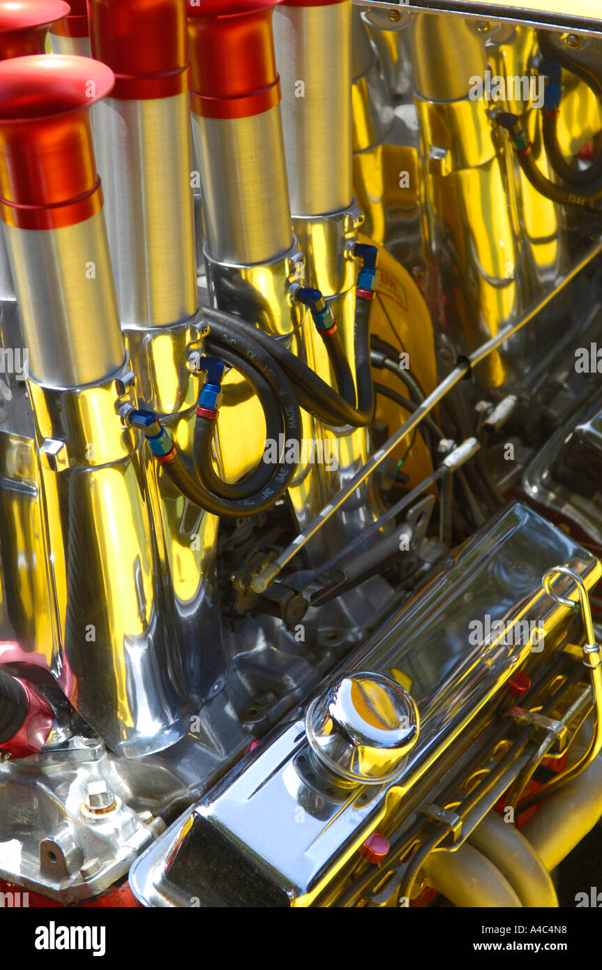 Engine intake carburater manifolds on hot rod Stock Photo - Alamy