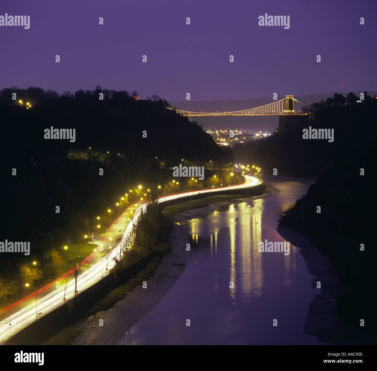 The Avon Gorge and River Avon at night looking South to Clifton ...