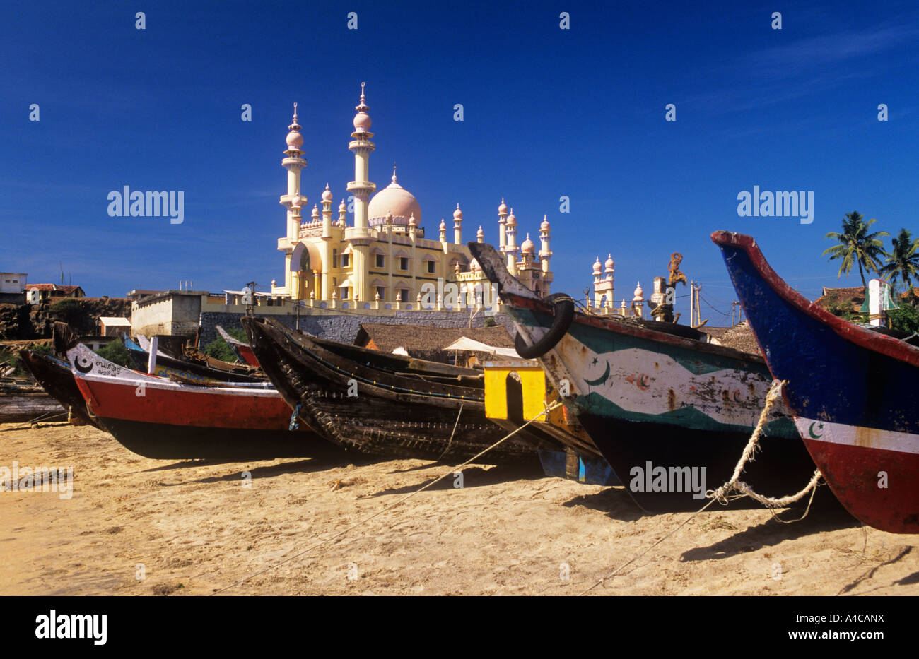 Fishing boats and Mosque Vizhinjam Kovalam Kerala India Stock Photo - Alamy