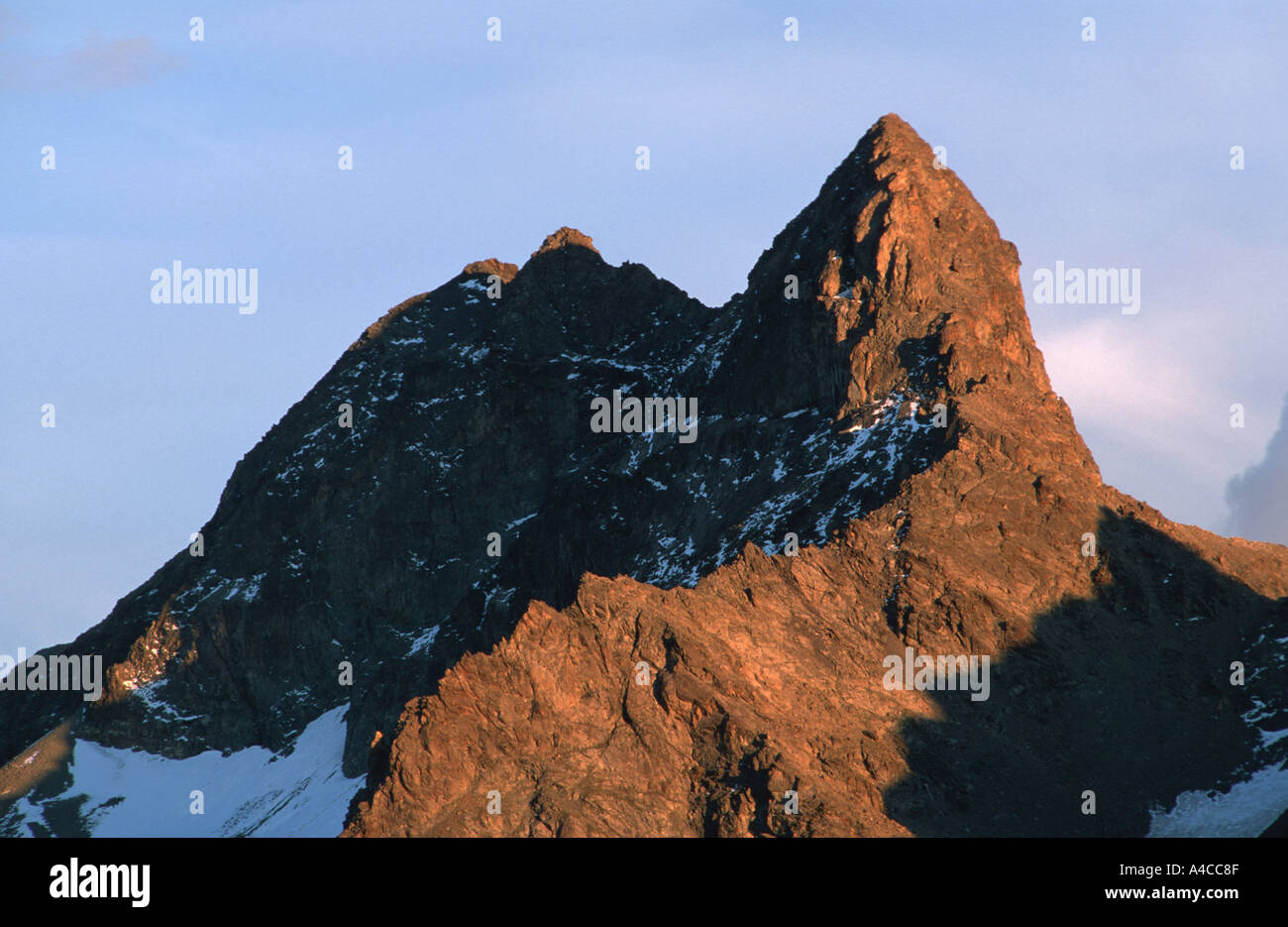 Sunset light on mountain peak from Muottas Muragl mountain, St. Moritz ...