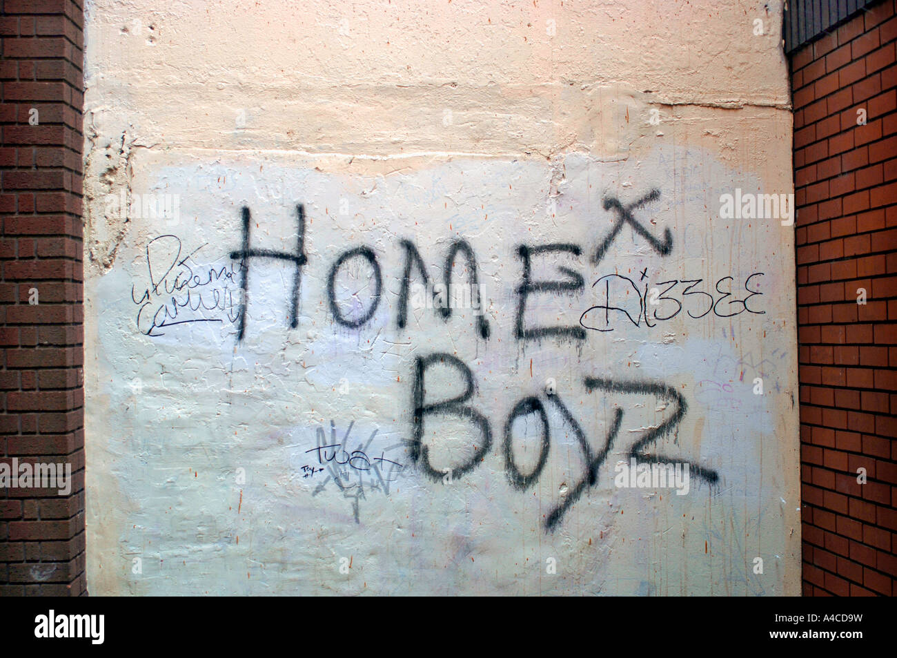 Graffiti Painted & Written On An Exterior,Cemented White Washed Wall ...