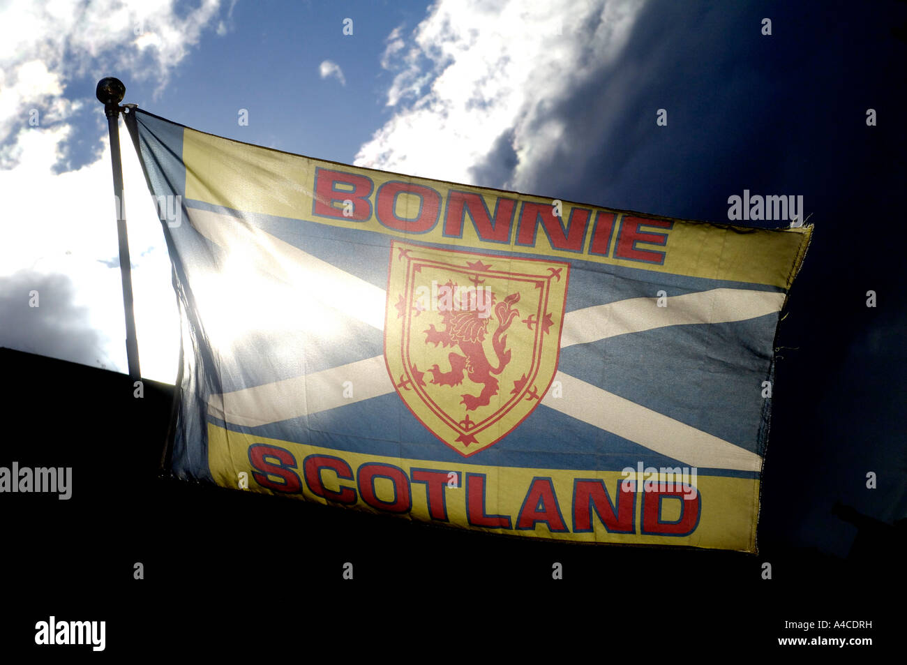 A Scottish flag catches the light in Edinburgh, Scotland Stock Photo ...