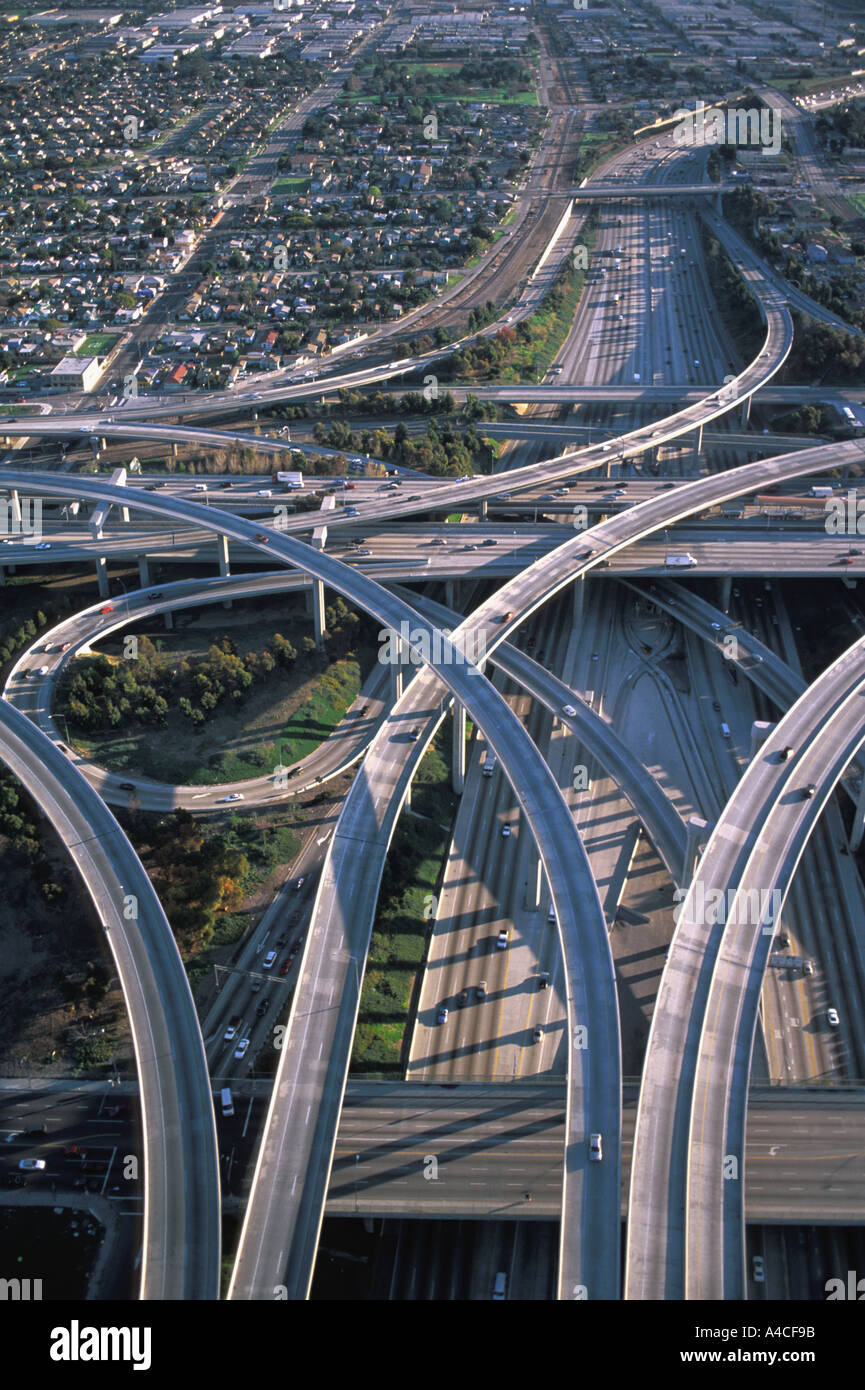 Aerial view of Los Angeles freeways 110 and 105 mixing together like ...