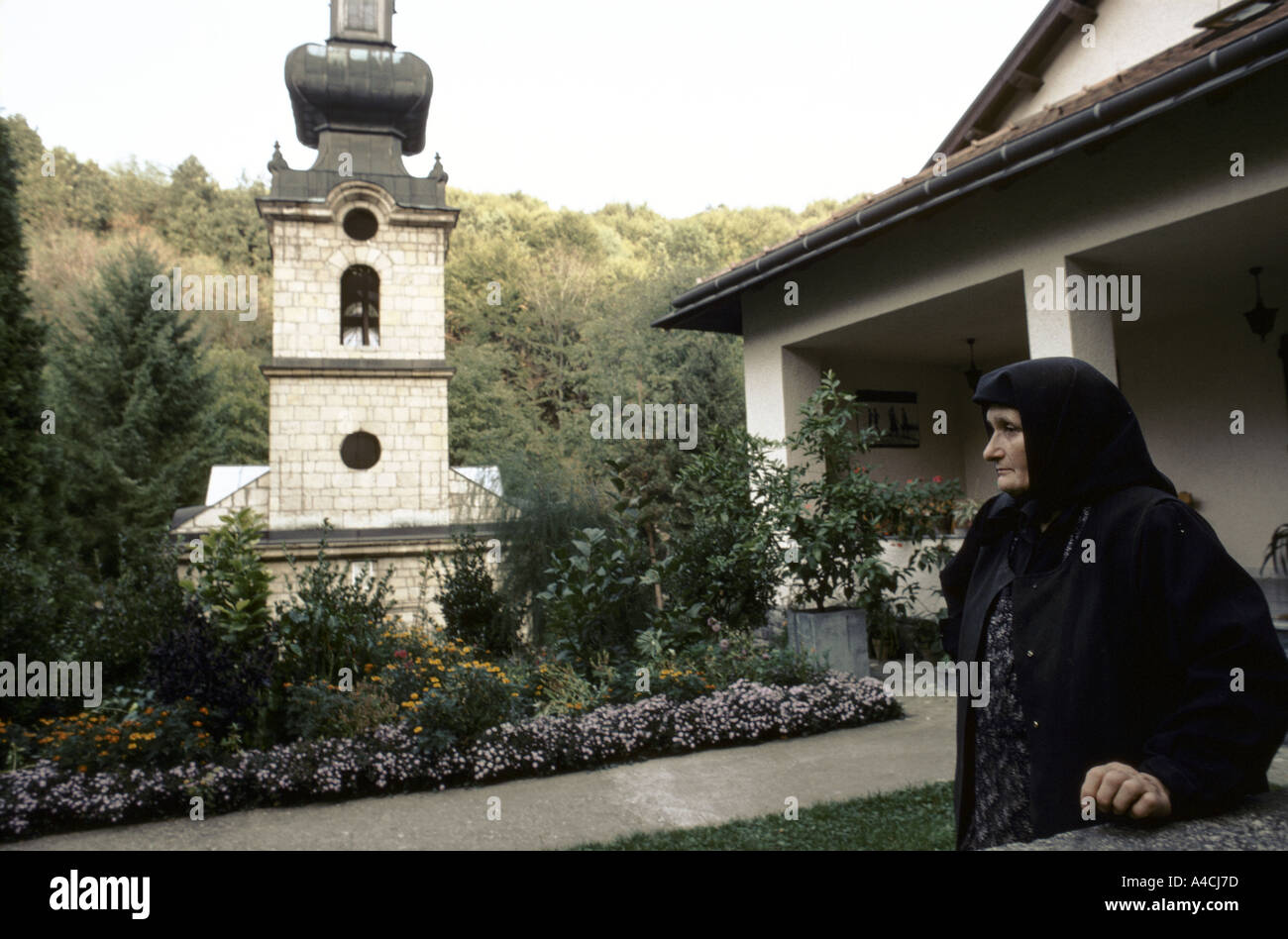 Serbia, Sept 1992 : A woman visitor to the 14th Century Tronosa ...