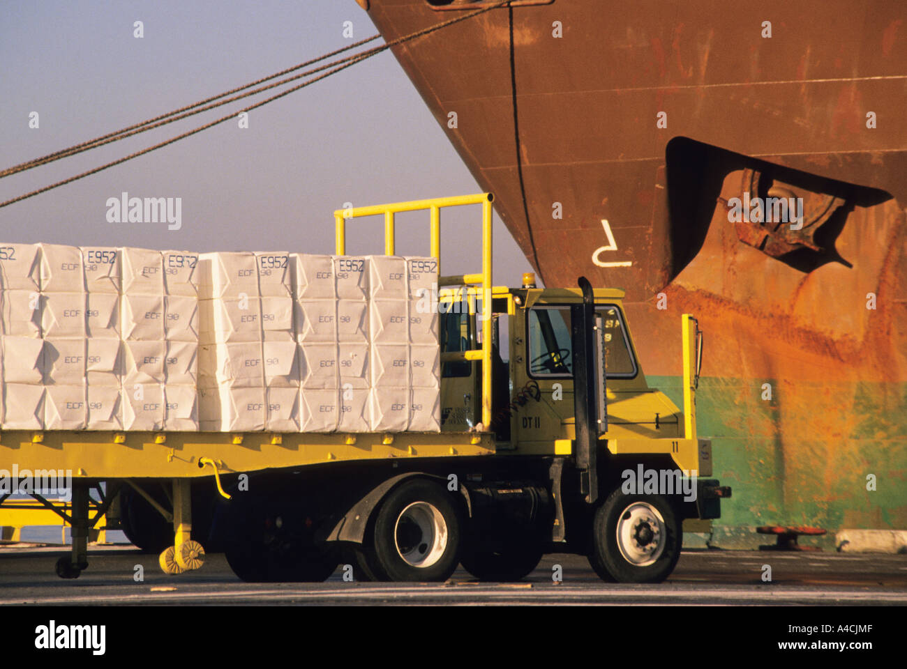 Truck with a load of pulp packages to be loaded onto a freighter Stock ...