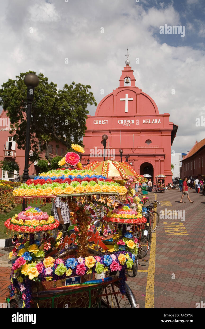 Malaysia Melaka Town Square trishaw cycle rickshaws at Christ Church ...