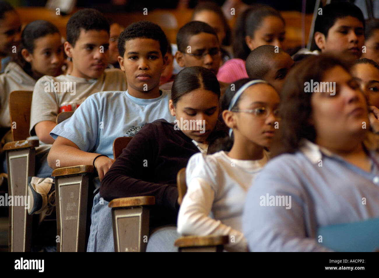 Students in the auditorium at the John D Wells School JHS 50 in ...