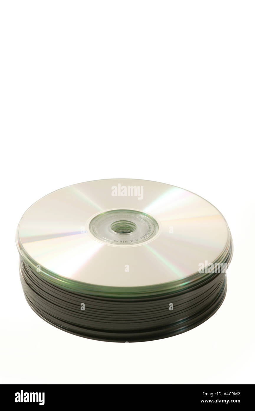 stack or pile of cds on a white studio background with small focus ...